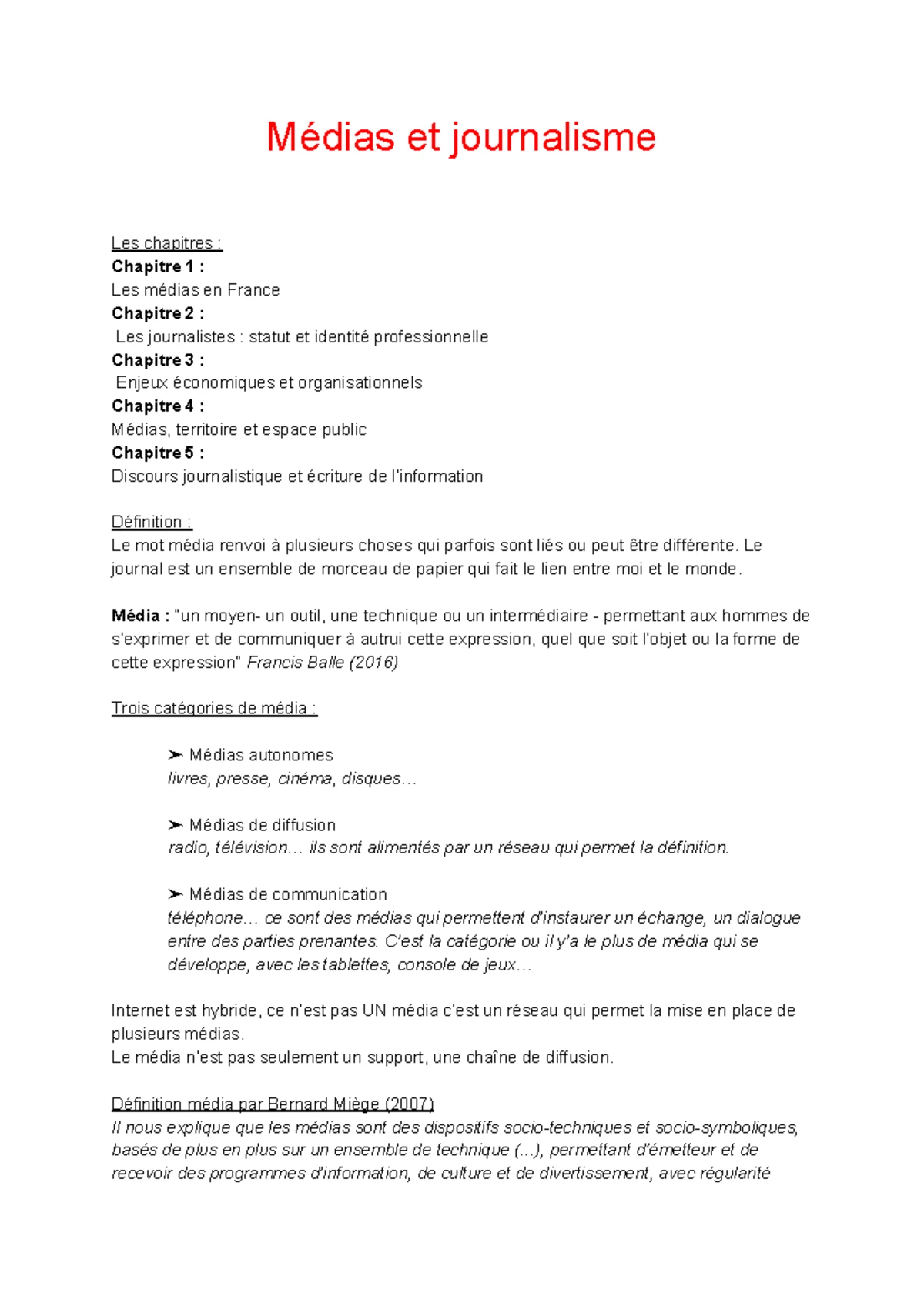 Médias et journalisme - Médias et journalisme Les chapitres : Chapitre ...
