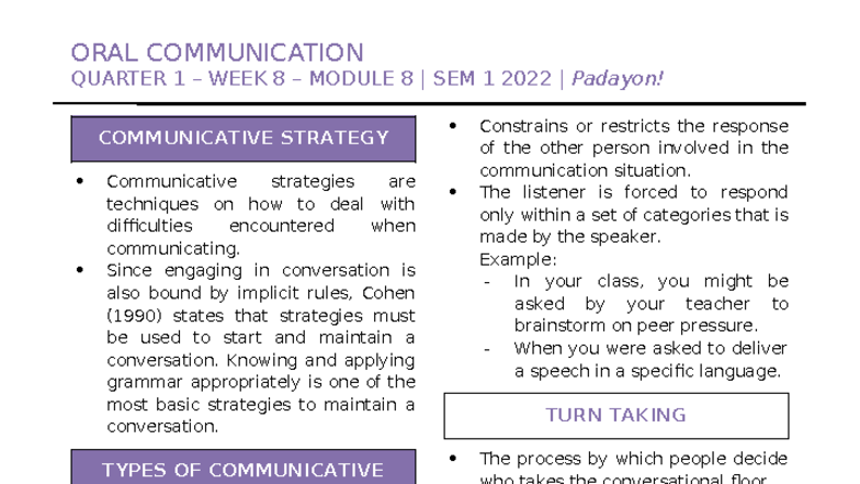 ORAL COMM 1: Week 8 Module on Communicative Strategies - Studocu