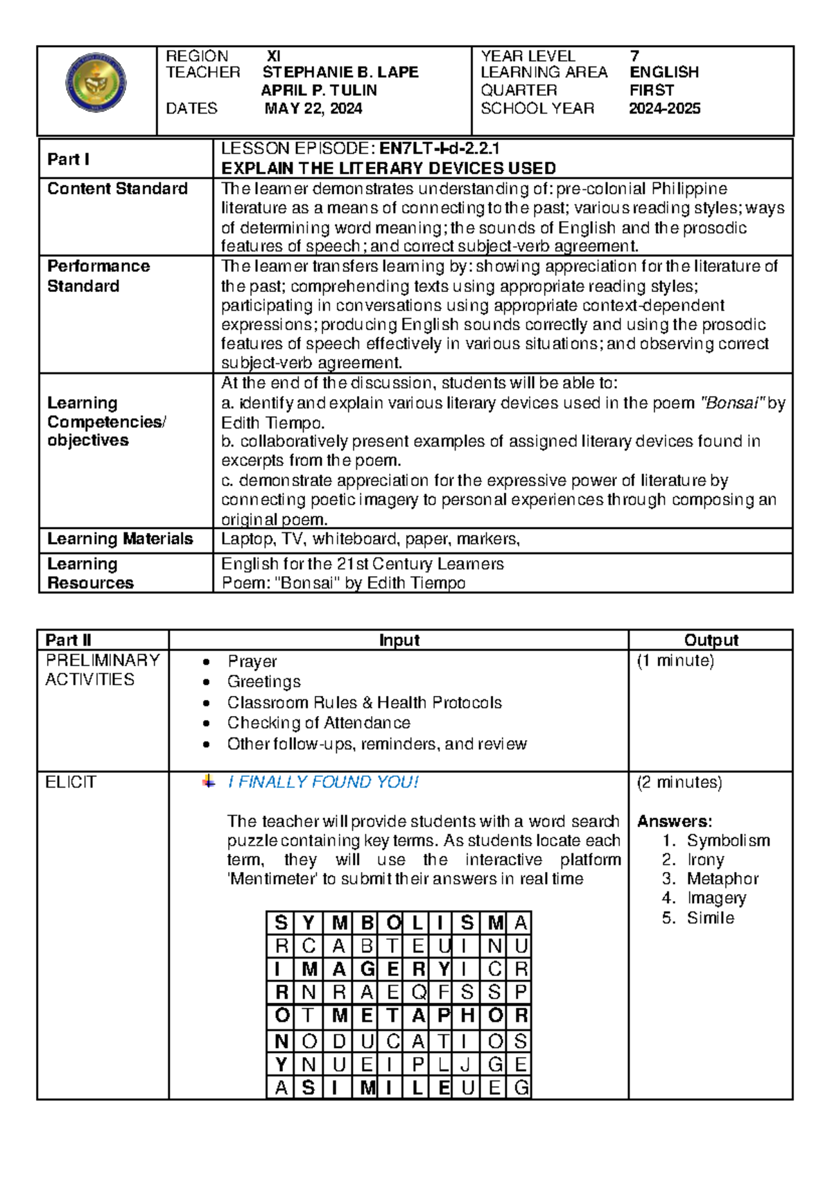ELE 30 & 31 - 7E's Lesson Plan: Literary Devices in Edith Tiempo - Studocu