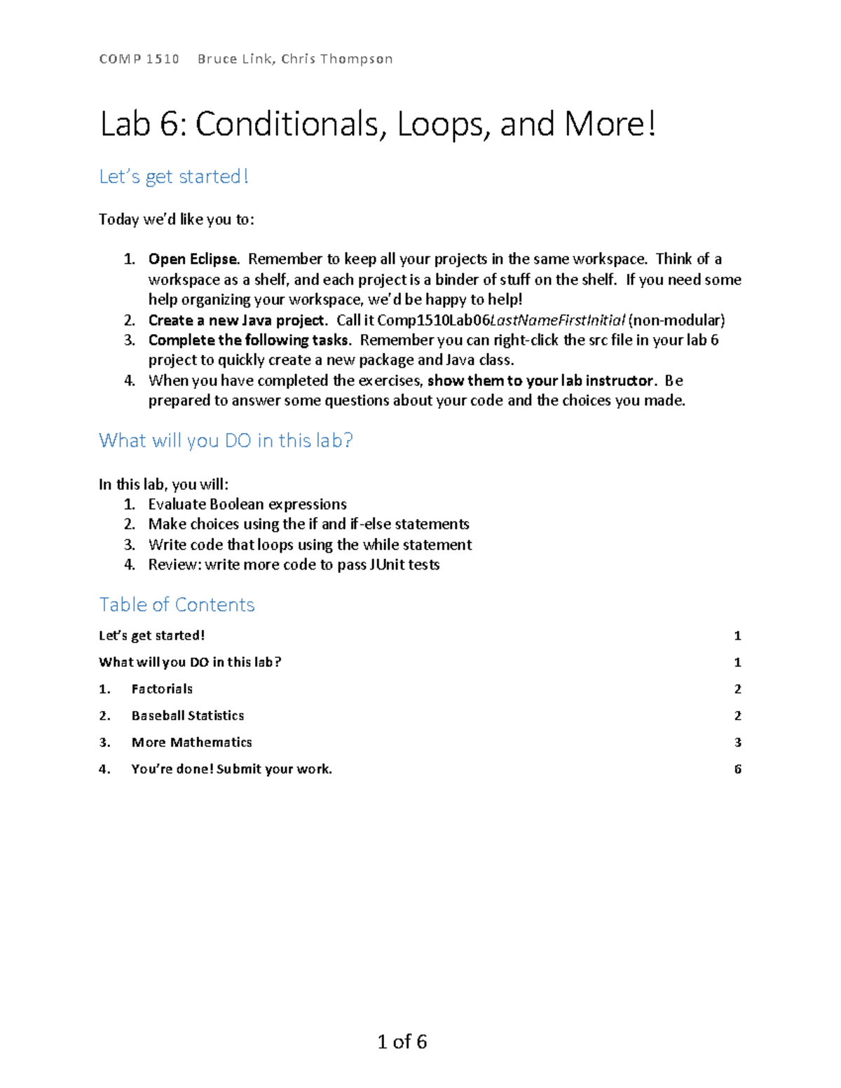 COMP 1510 Lab 6: Conditionals, Loops, and Factorial Calculations - Studocu