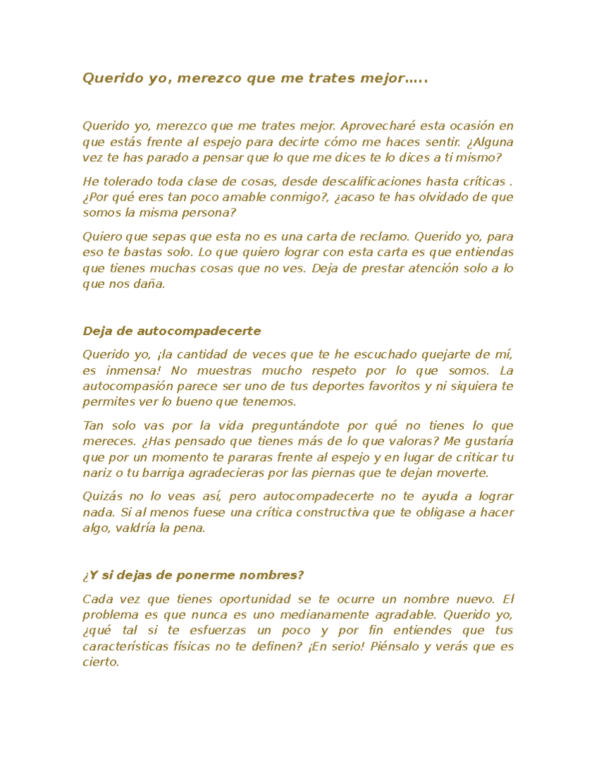 Carta de Autoestima: Querido Yo, Tu Potencial Es Infinito - Studocu