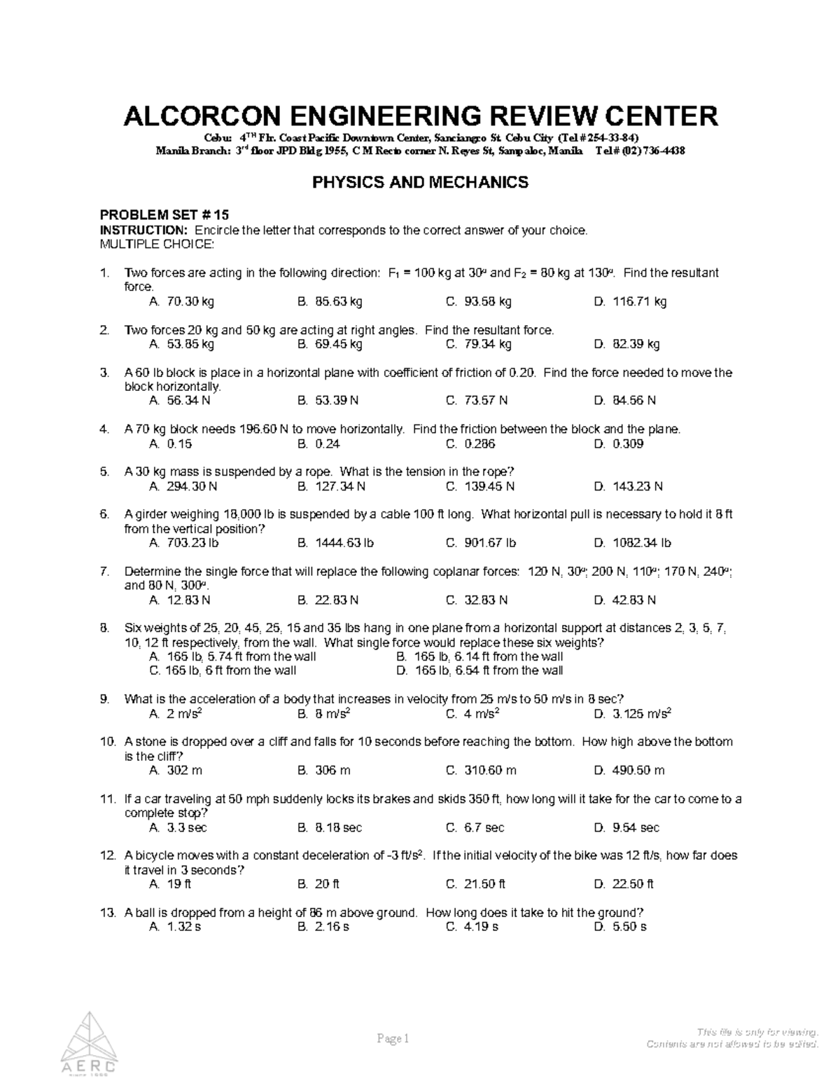 Problem Set #15 - Physics and Mechanics (Course Code: N/A) - Studocu