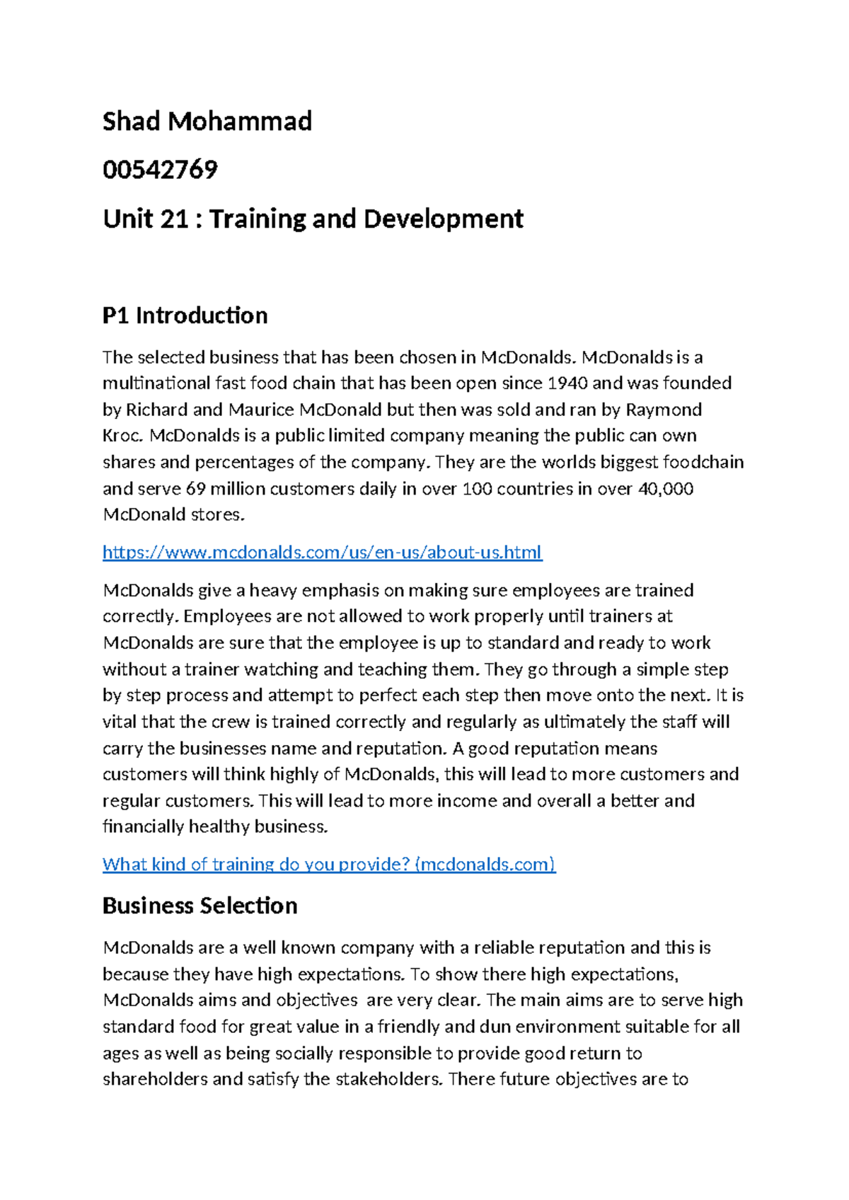 Unit 21: Training and Development Analysis for McDonald's - Studocu
