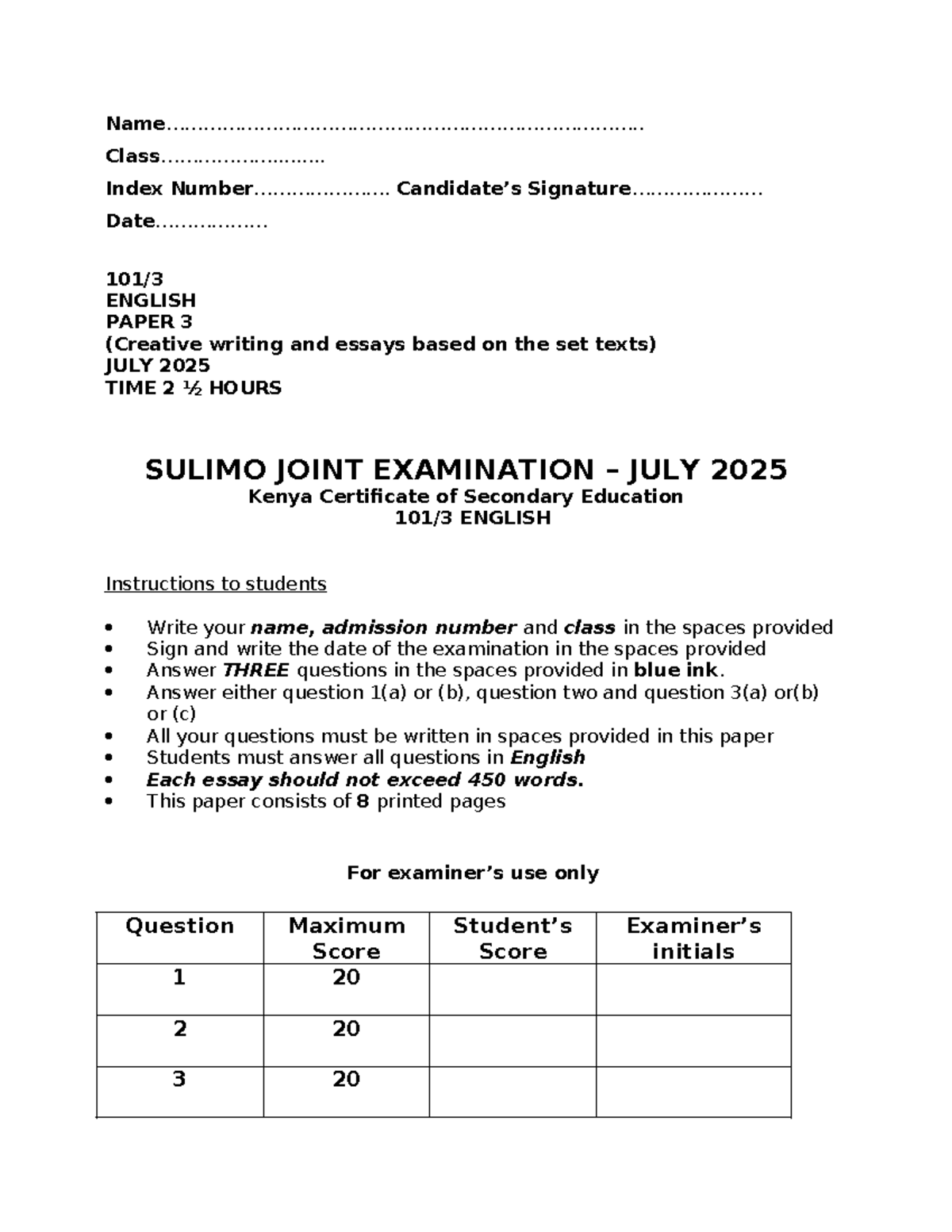 English Paper 3 (Creative Writing & Essays) - July 2025 - Studocu