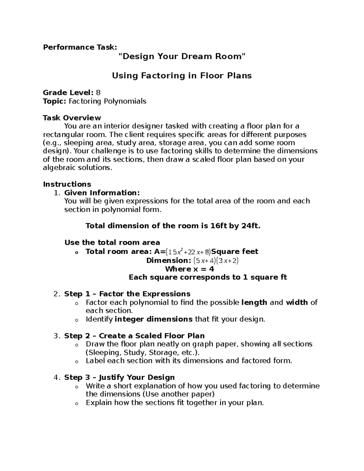 Performance Task: Designing Your Dream Room with Factoring (Grade 8 ...