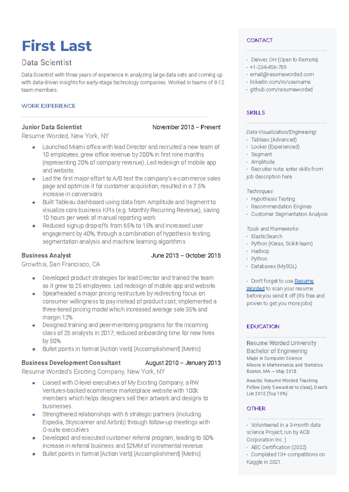Data Scientist - Entry-Level Resume Template (Mid-Level) - Studocu