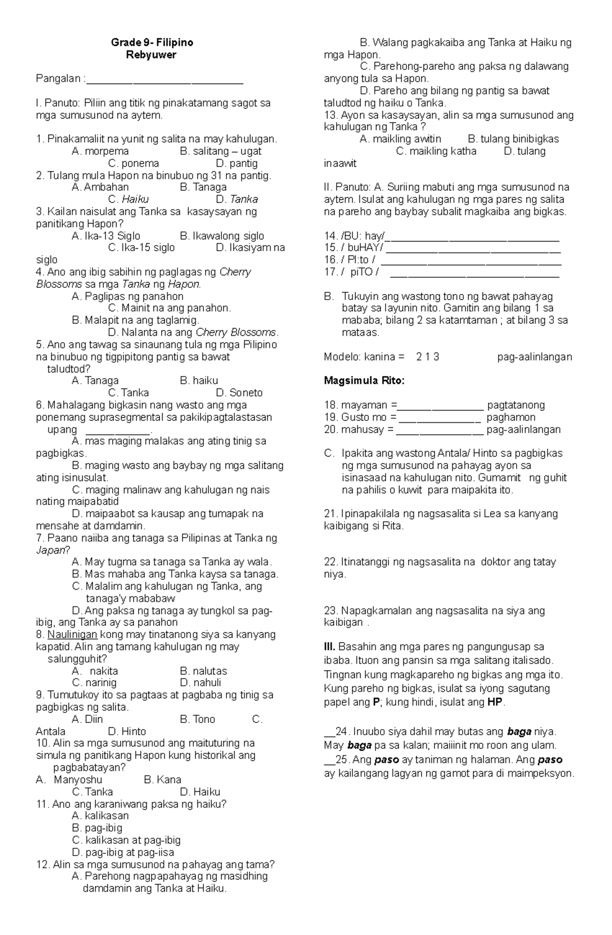 Reviewer Grade 9 - Exam Review sa Filipino at AP 9 - Studocu