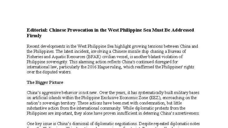 Editorial: Addressing Chinese Provocation in the West Philippine Sea ...