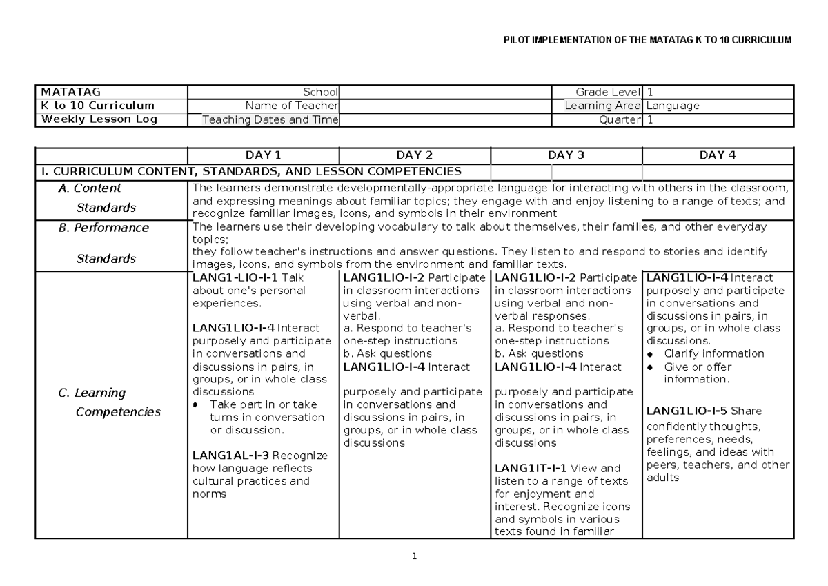 LANGUAGE MODULE (MATATAG) GRADE 1 WEEK 2 LESSON PLAN - Studocu