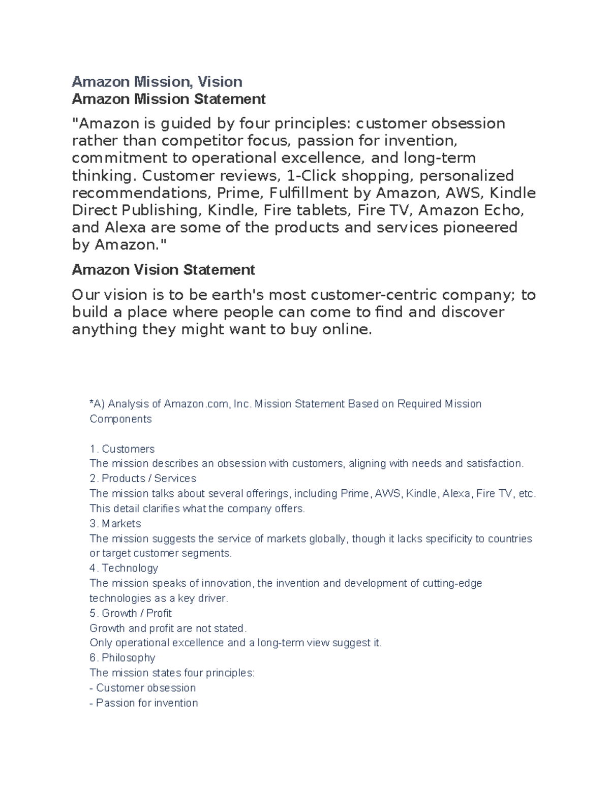 Amazon Mission and Vision Analysis - vghf - Studocu