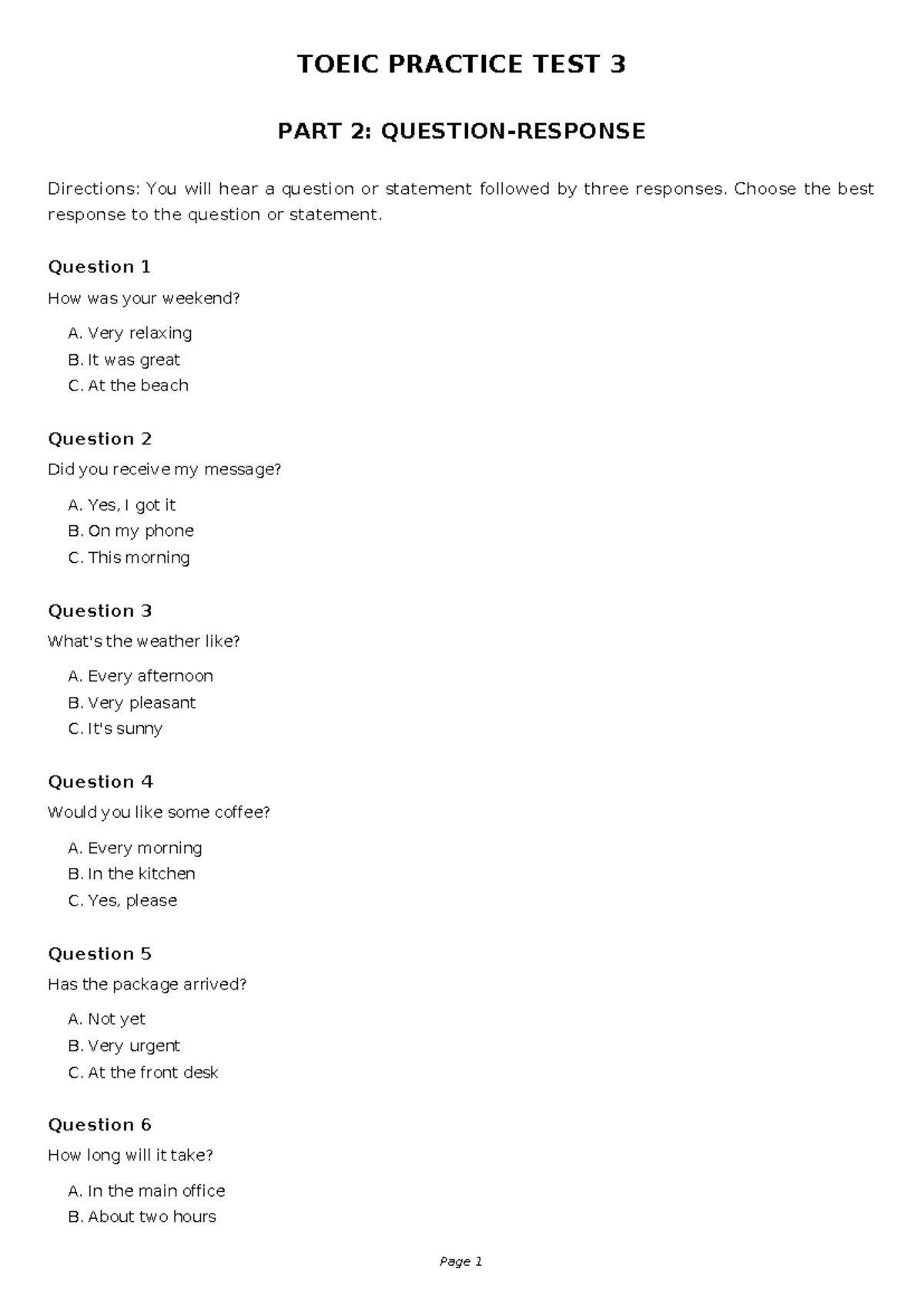 TOEIC Practice Test 3: Part 2 Question & Response Guide - Studocu