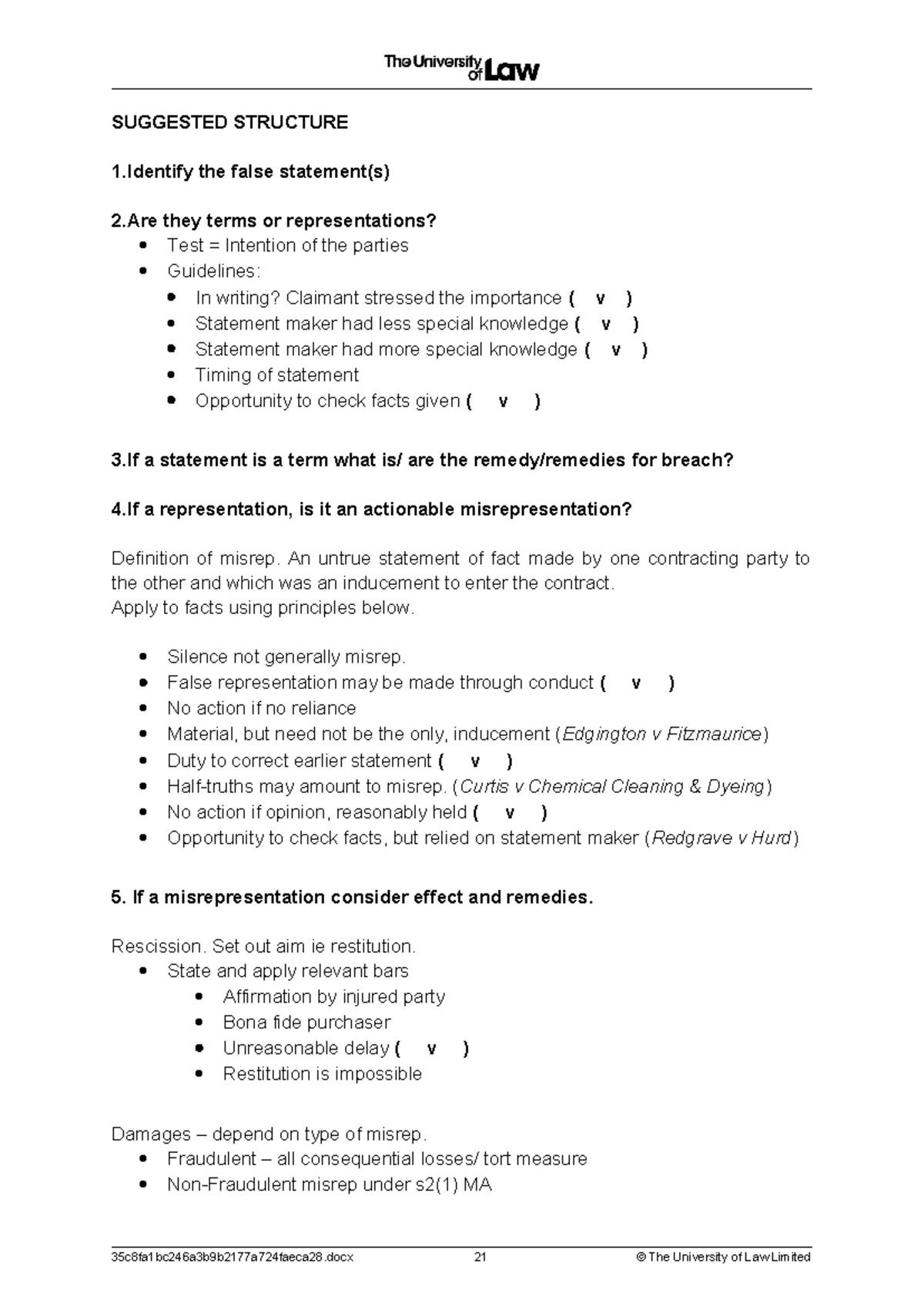 2324 Level 4 U08 CE02 Consolidated Suggested Structure for Misrepresentation - Studocu