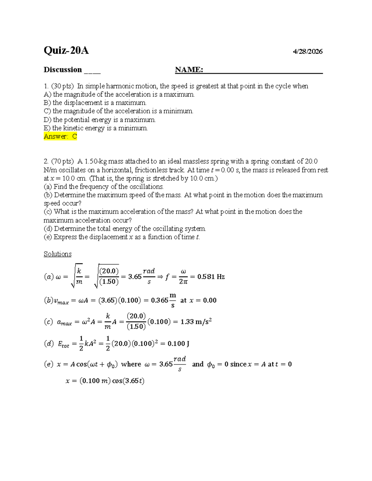 Quiz 20 Solutions: Simple Harmonic Motion Analysis - Studocu