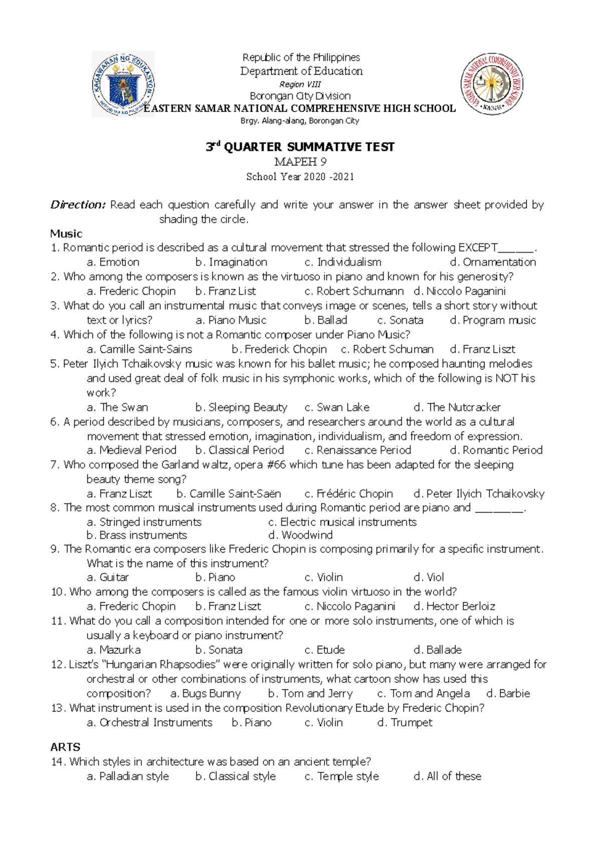 3rd Quarter Summative Test MAPEH 9 - Science 9 Exam Paper - Studocu