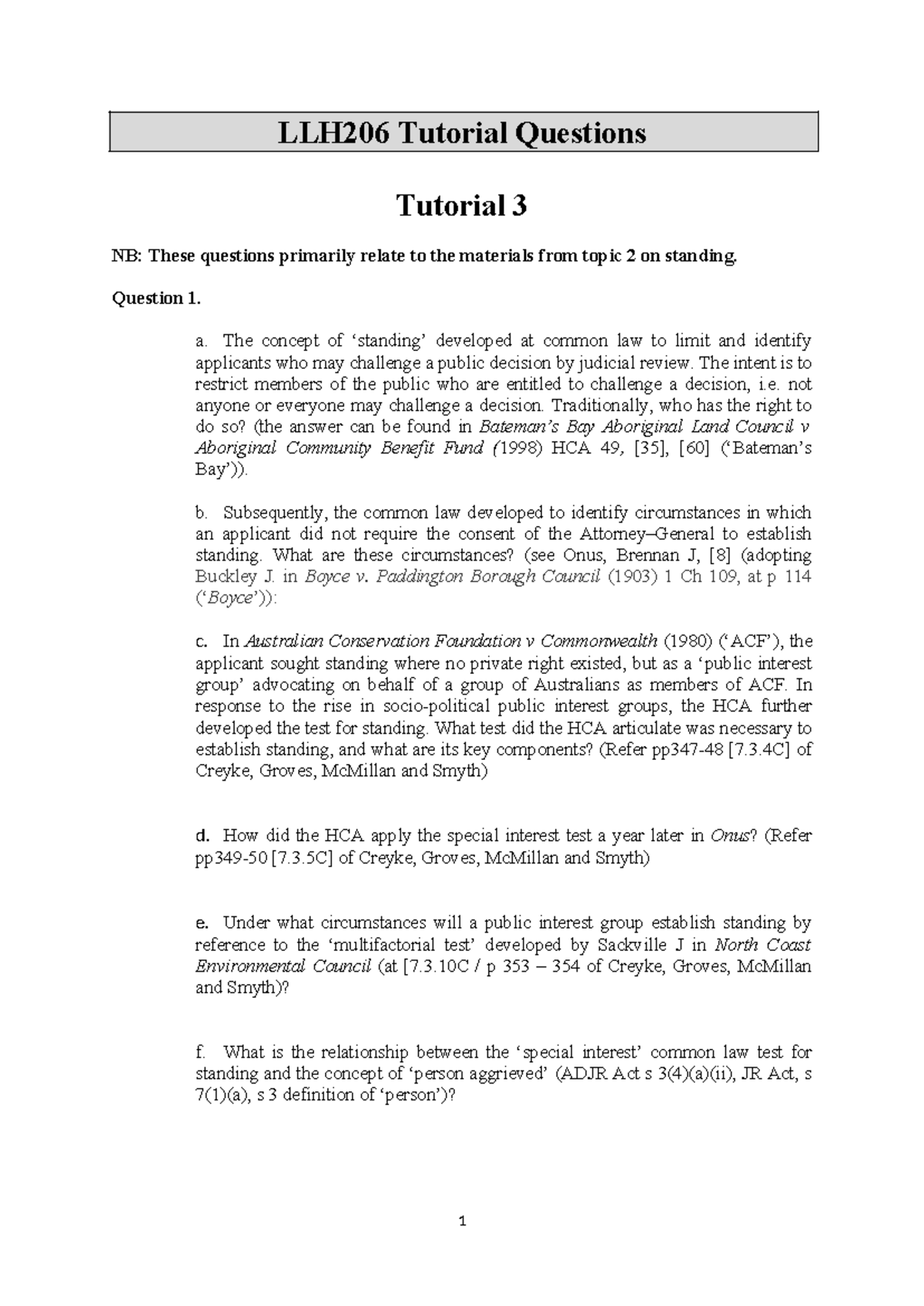 LLH206 Tutorial 3 Questions - Summer 2023: Standing and Legal Concepts - Studocu