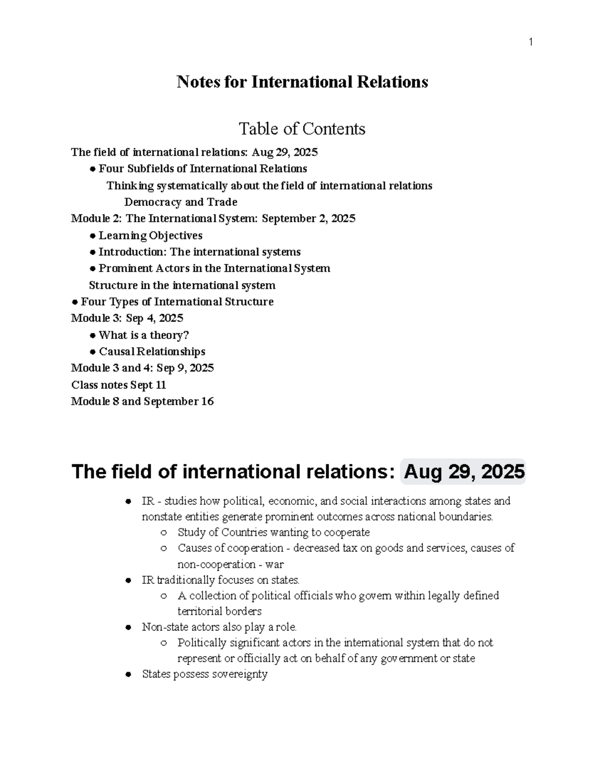International Relations Course Notes Overview - IR 101 - Studocu