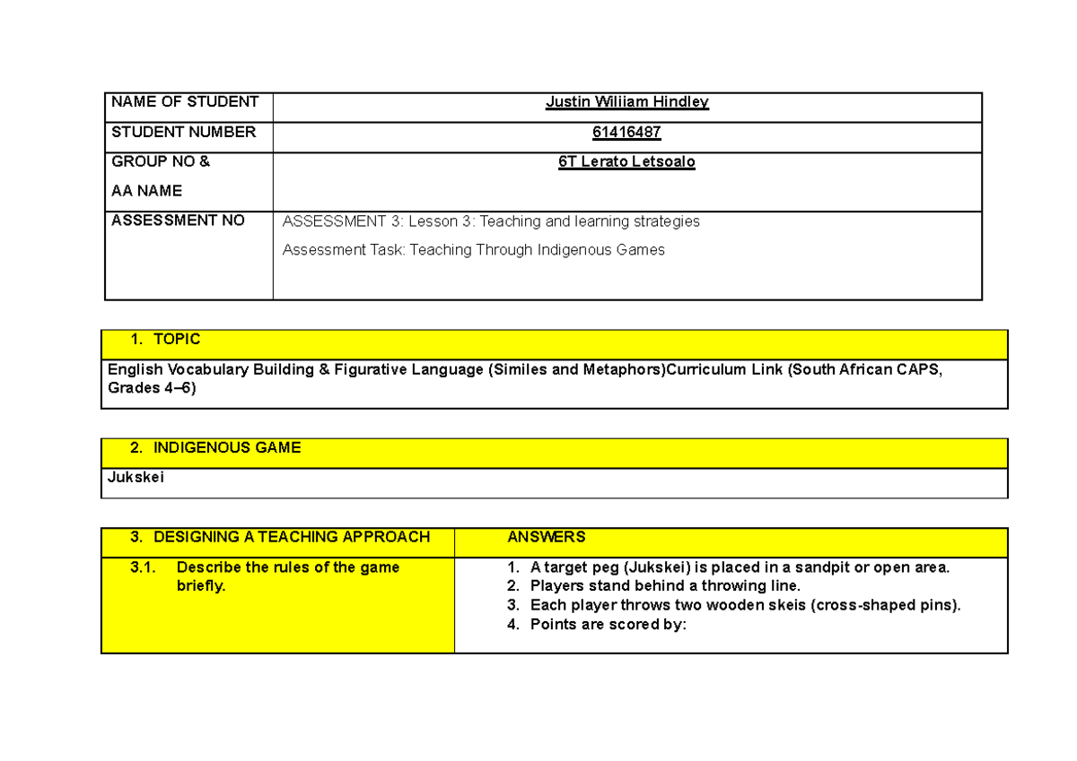 BPT1501 Assessment 3: Teaching Strategies Using Indigenous Games - Studocu