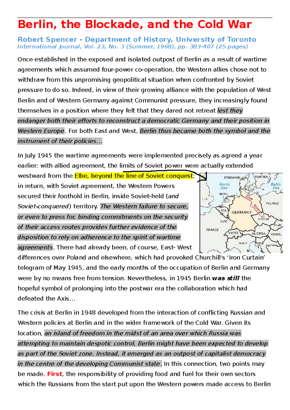 HIST 2301: The Berlin Blockade and Airlift in the Cold War Context ...