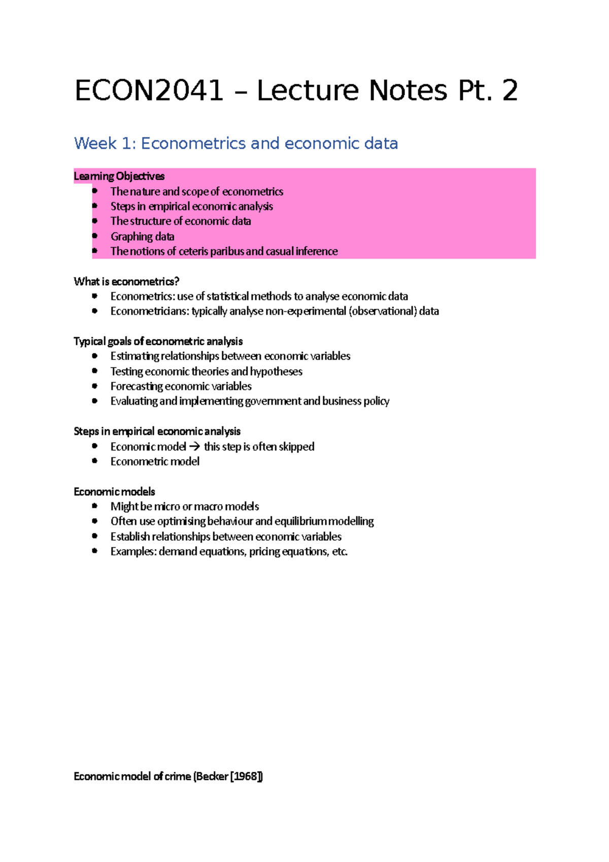 ECON2041 - lecture notes pt. 2 - ECON2041 – Lecture Notes Pt. 2 Week 1 ...