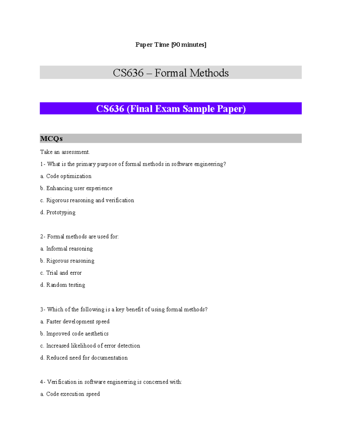 CS636 Final Exam Sample Paper on Formal Methods MCQs and Subjective ...