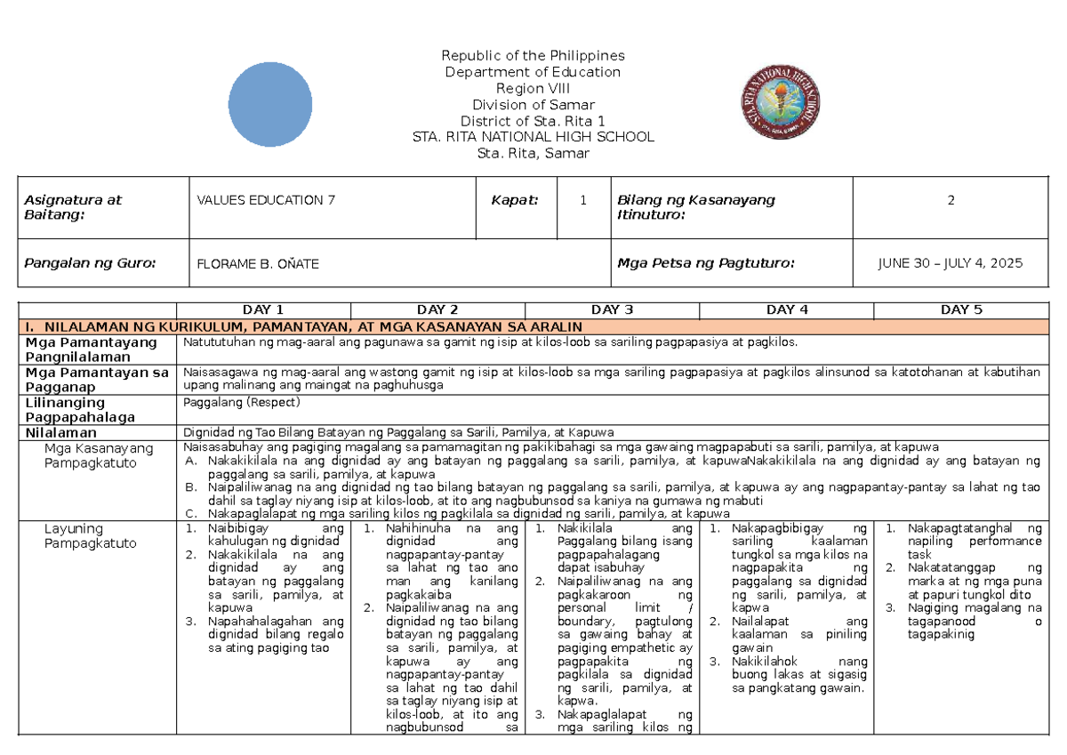 VE7-LEQ1W2 - Lesson Exemplar on Dignity and Respect in Values Education ...