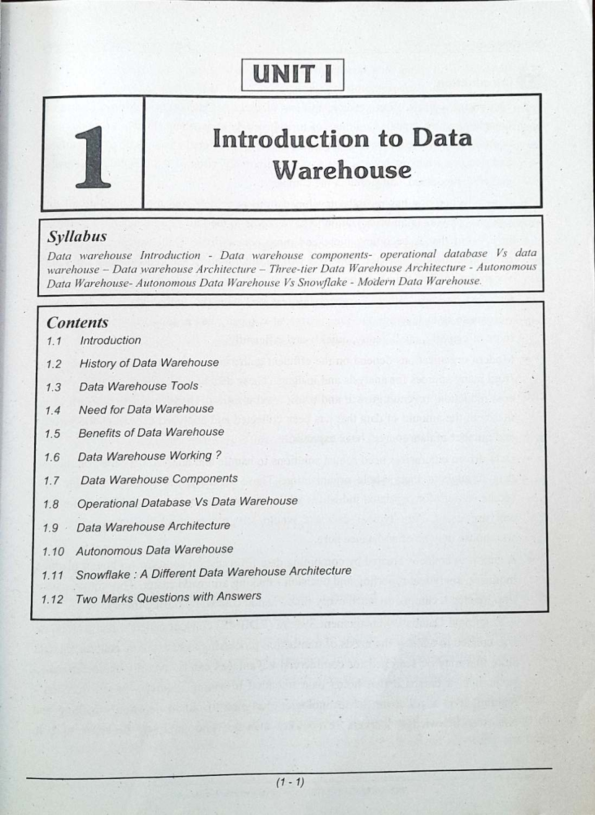 Data Warehouse Unit I: Introduction, Architecture, and Tools Overview - Studocu
