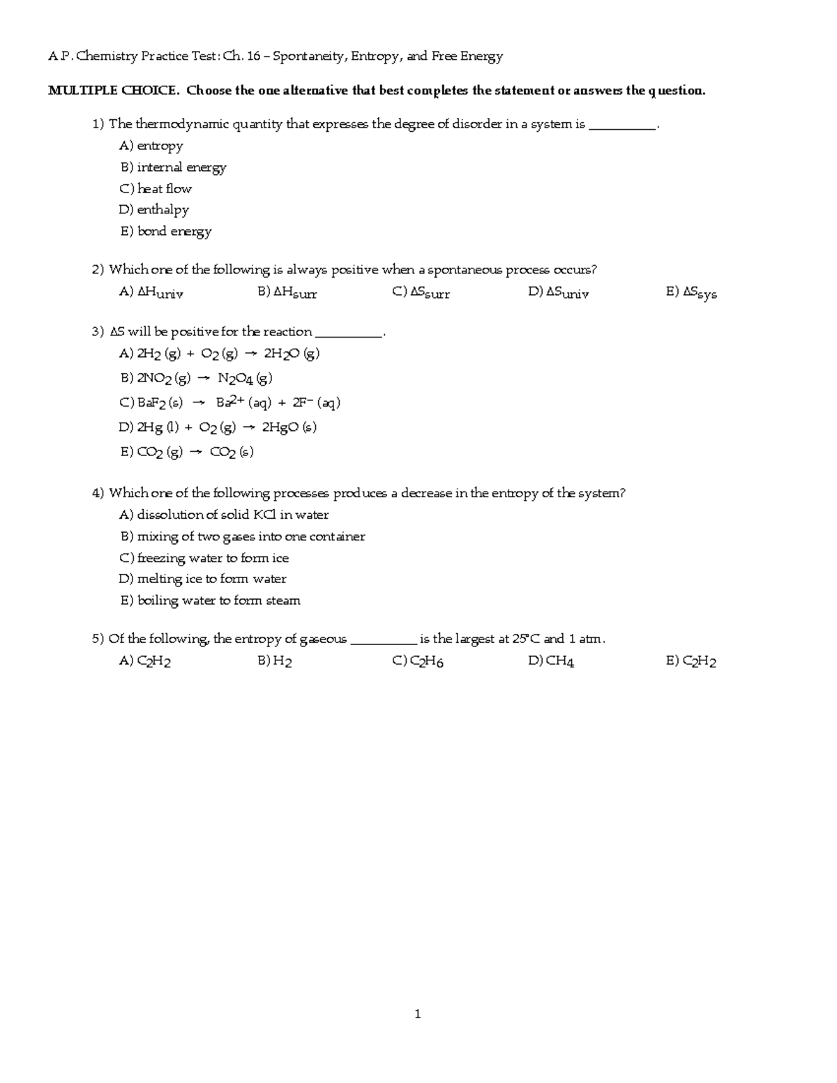 Ch 16 practice test entropy free energy - A. Chemistry Practice Test ...