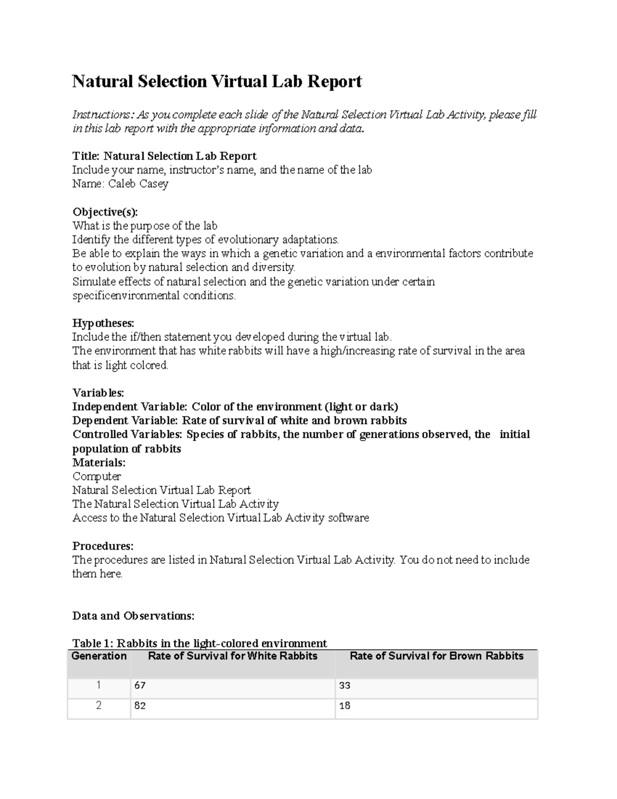 Natural Selection Virtual Lab Report (BIO 05.02) - Adaptations ...