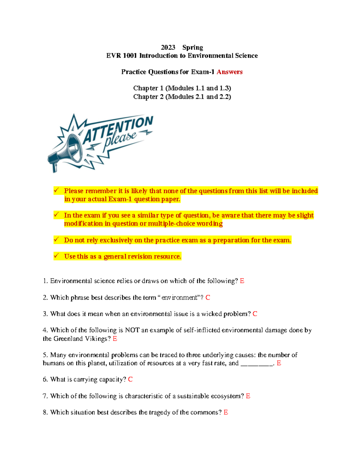 EVR 1001 Exam-1 Practice Questions and Revision Notes - Studocu