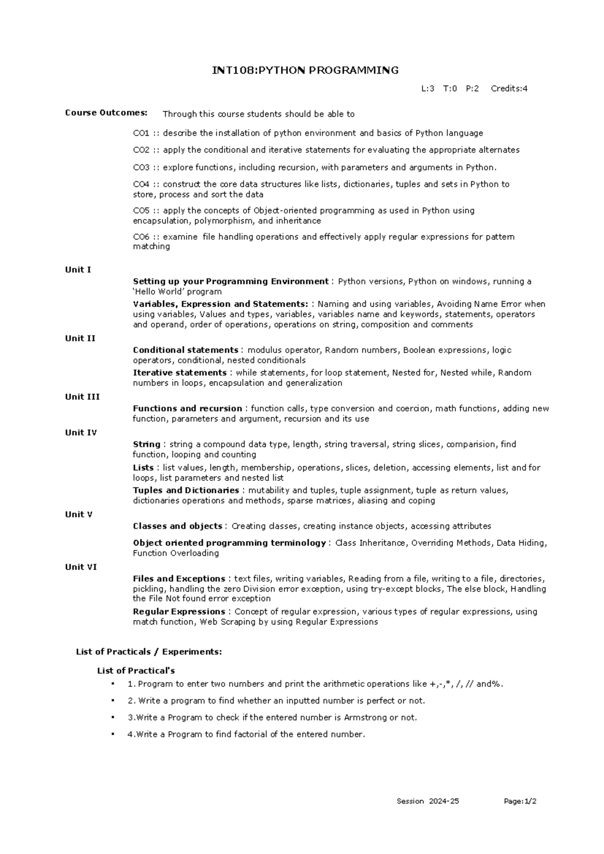 INT108: Python Programming Syllabus and Course Outcomes - Studocu