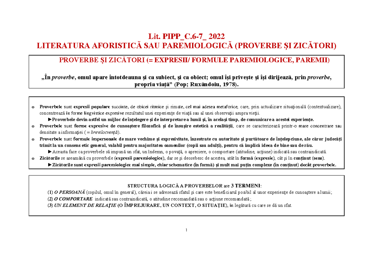 Fisa de Analyză: Proverbe și Zicătorii - Literatura Aforistică PIPP_C.6 ...