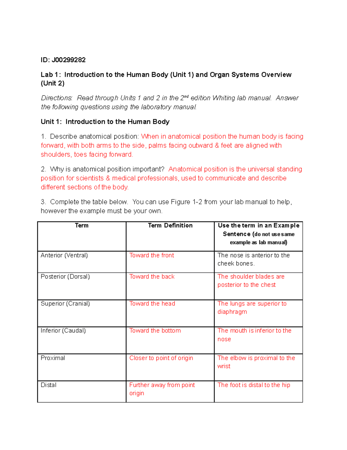 Lab Activity 1 Whiting Manual - ID: J Lab 1: Introduction to the Human ...