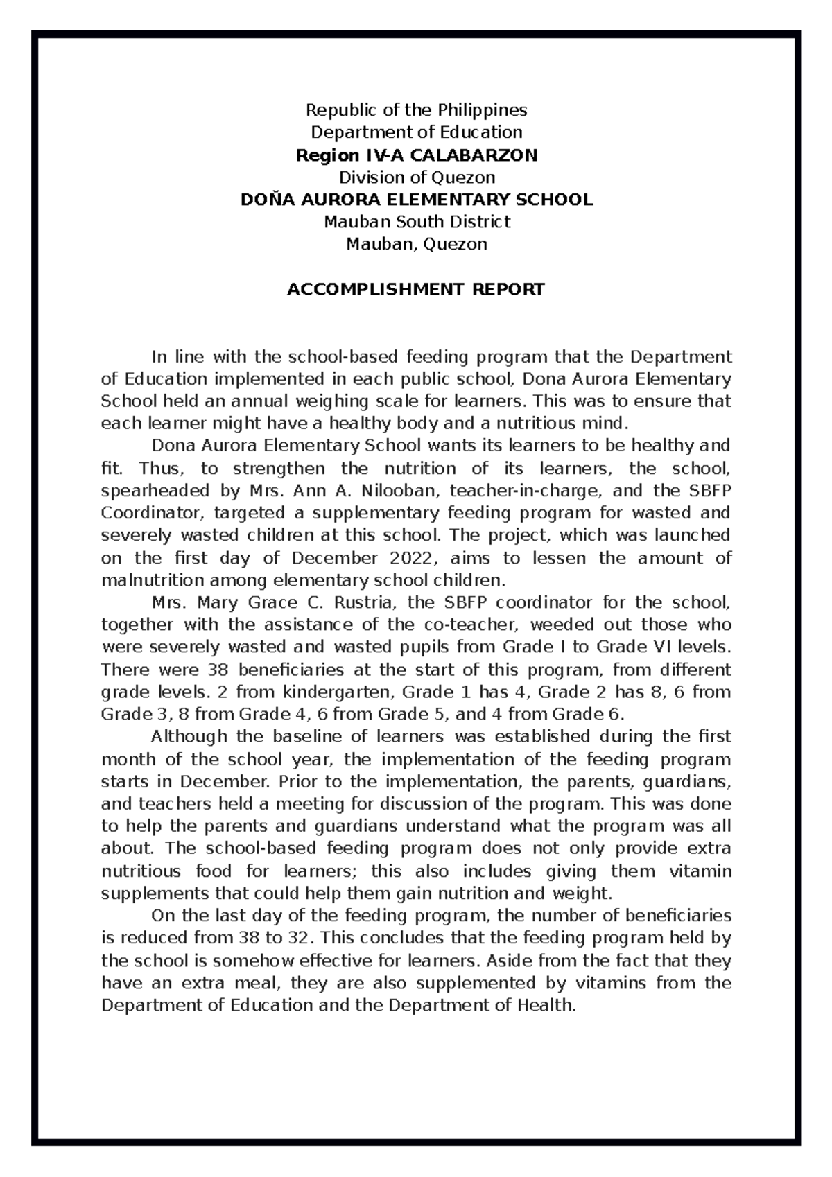 Dona Aurora Elem. School SBFP Accomplishment Report 2022-2023 - Studocu