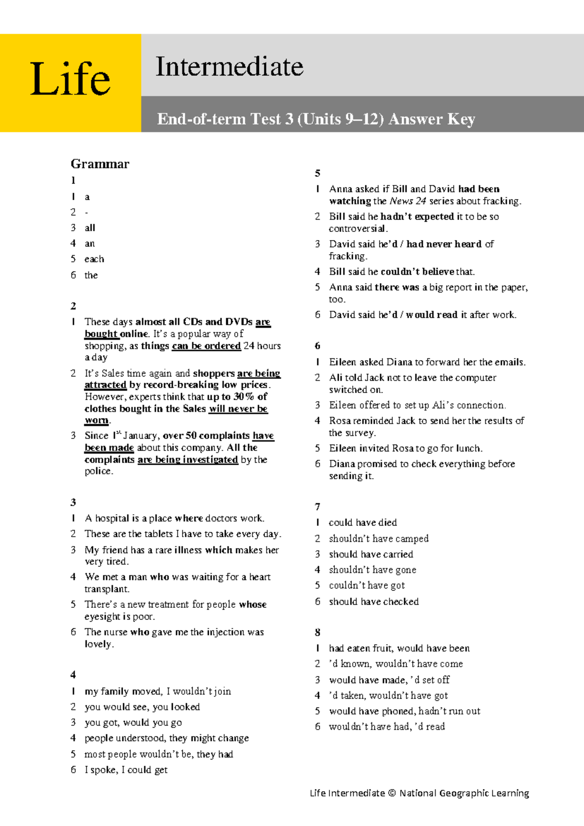 Life Intermediate End-of-Term Test 3 (Units 9-12) Answer Key - Studocu