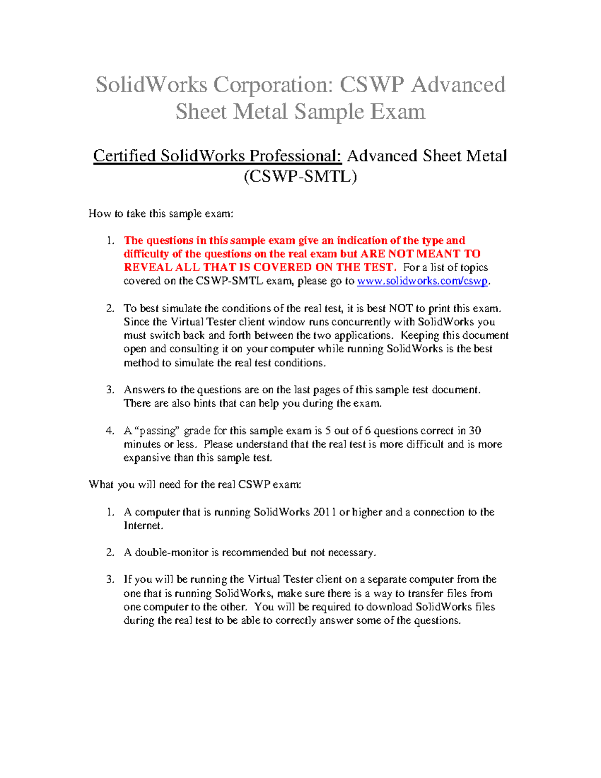 CSWP-SMTL Sample Exam: Advanced Sheet Metal Design Practice - Studocu