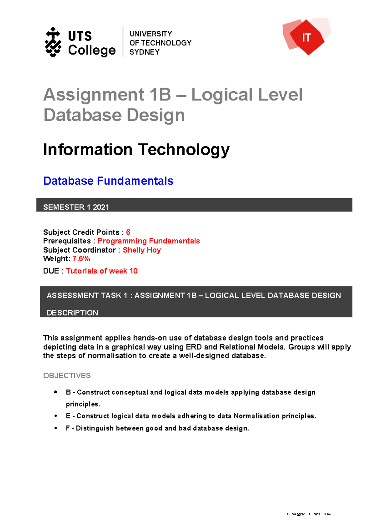 Assignment 1B - Questions (Repaired) - Assignment 1B – Logical Level Database Design Information ...