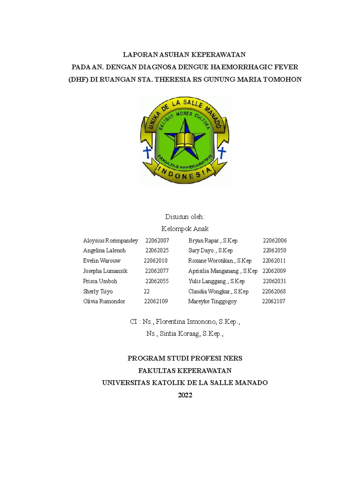 Laporan Askep DHF pada Anak di RS Gunung Maria Tomohon - Studocu