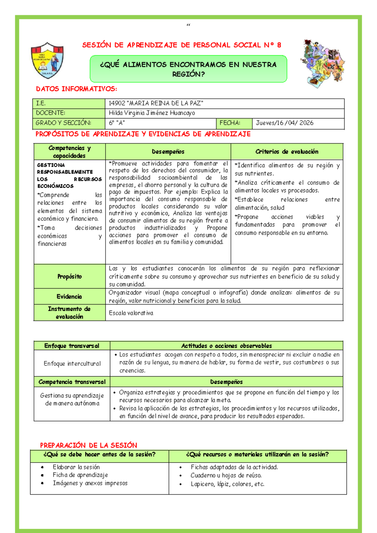 SESION DE APRENDIZAJE: ALIMENTOS DE NUESTRA REGIÓN - SESIÓN 8 SESIÓN 2 ...