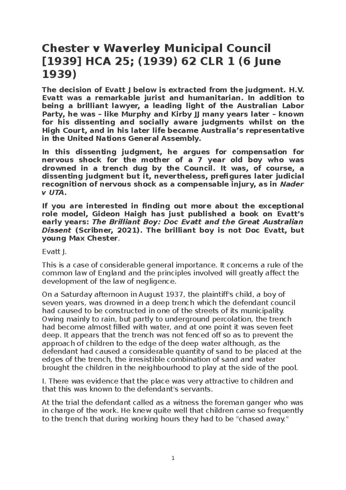 **Chester v Waverley (1939) - Evatt J's Dissent on Nervous Shock Claims ...