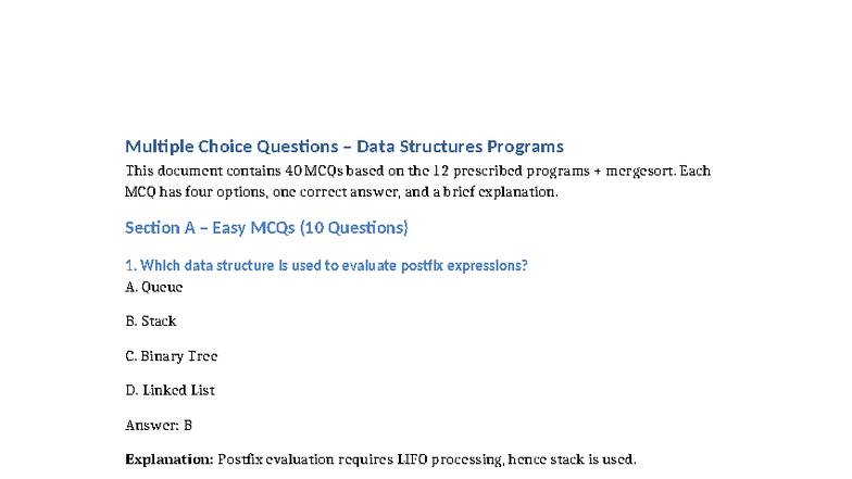 MCQs on Data Structures Programs (DSC 101) - 40 Questions - Studocu