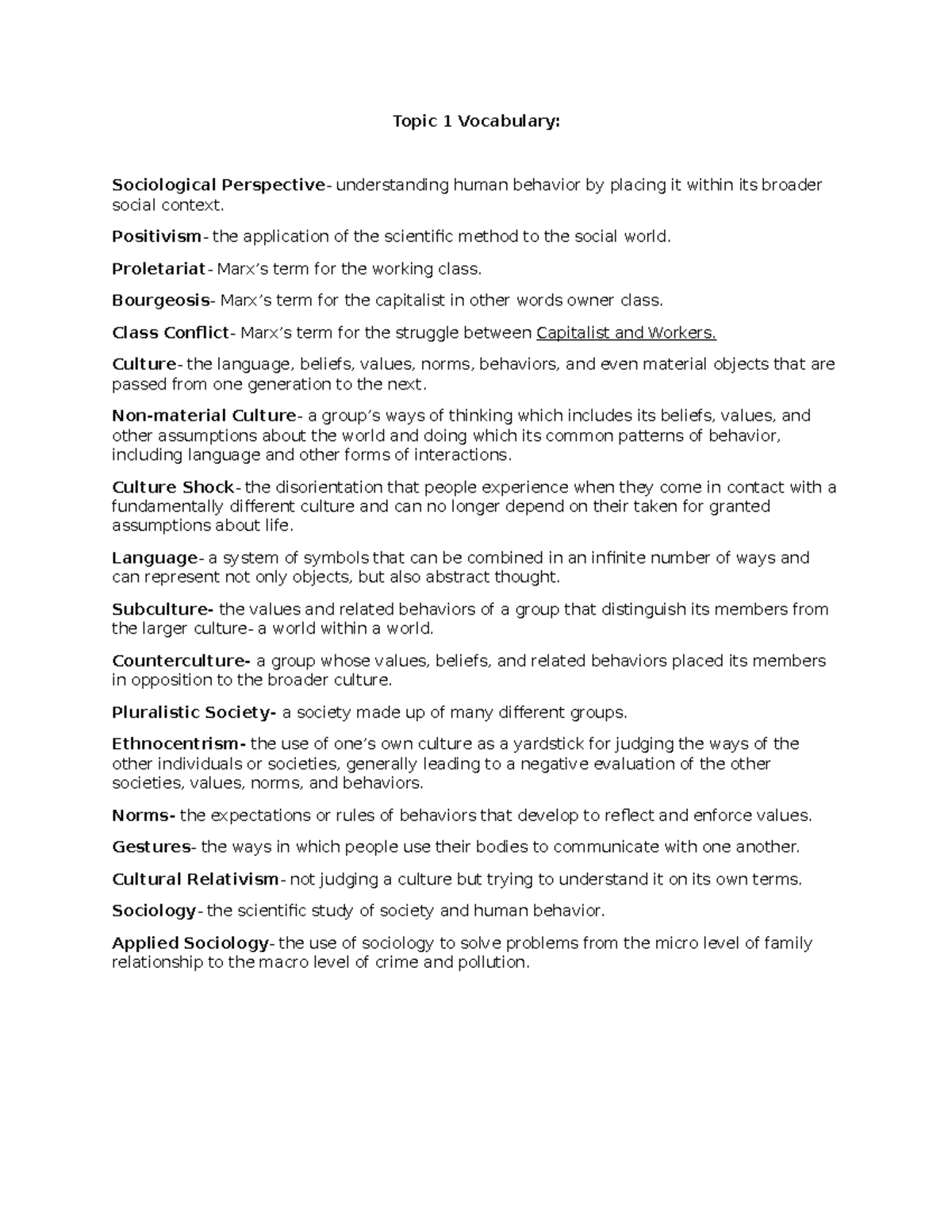 SOC-100 Vocabulary: Key Terms from Topics 1 to 7 for Understanding ...