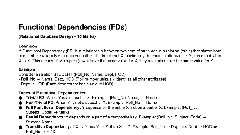 Functional Dependencies (FDs) in Relational Database Design (10 Marks ...