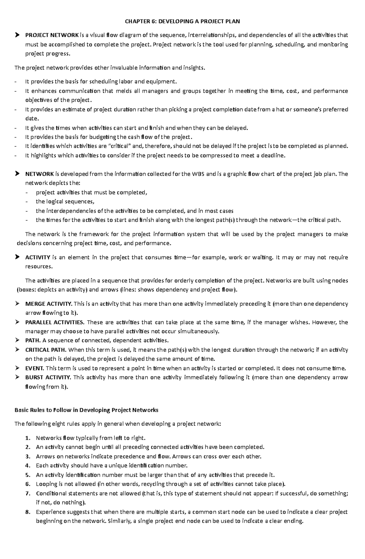 Chapter 6 - Project Planning and Network Development Review - Studocu