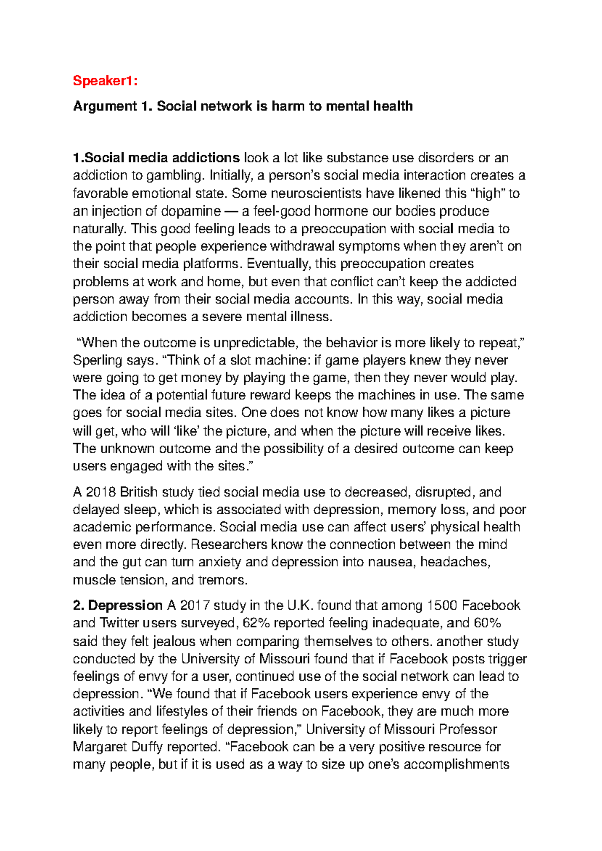 Argument-1 debate english topic social media - Speaker1: Argument 1 ...