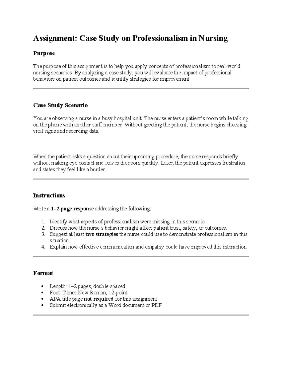 NUR 301: Case Study Assignment on Professionalism in Nursing - Studocu