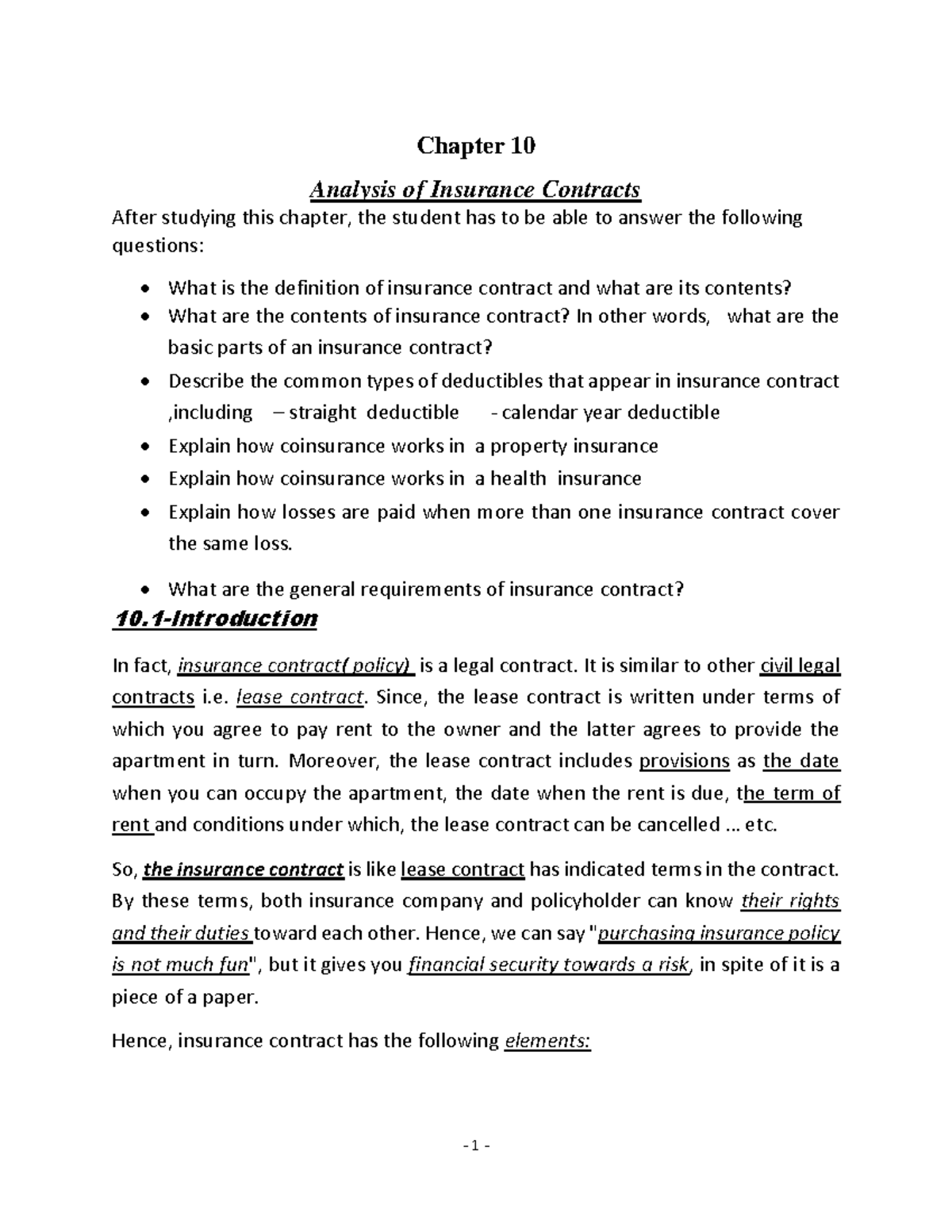 Chapter 10: Comprehensive Analysis of Insurance Contracts (1) - Studocu