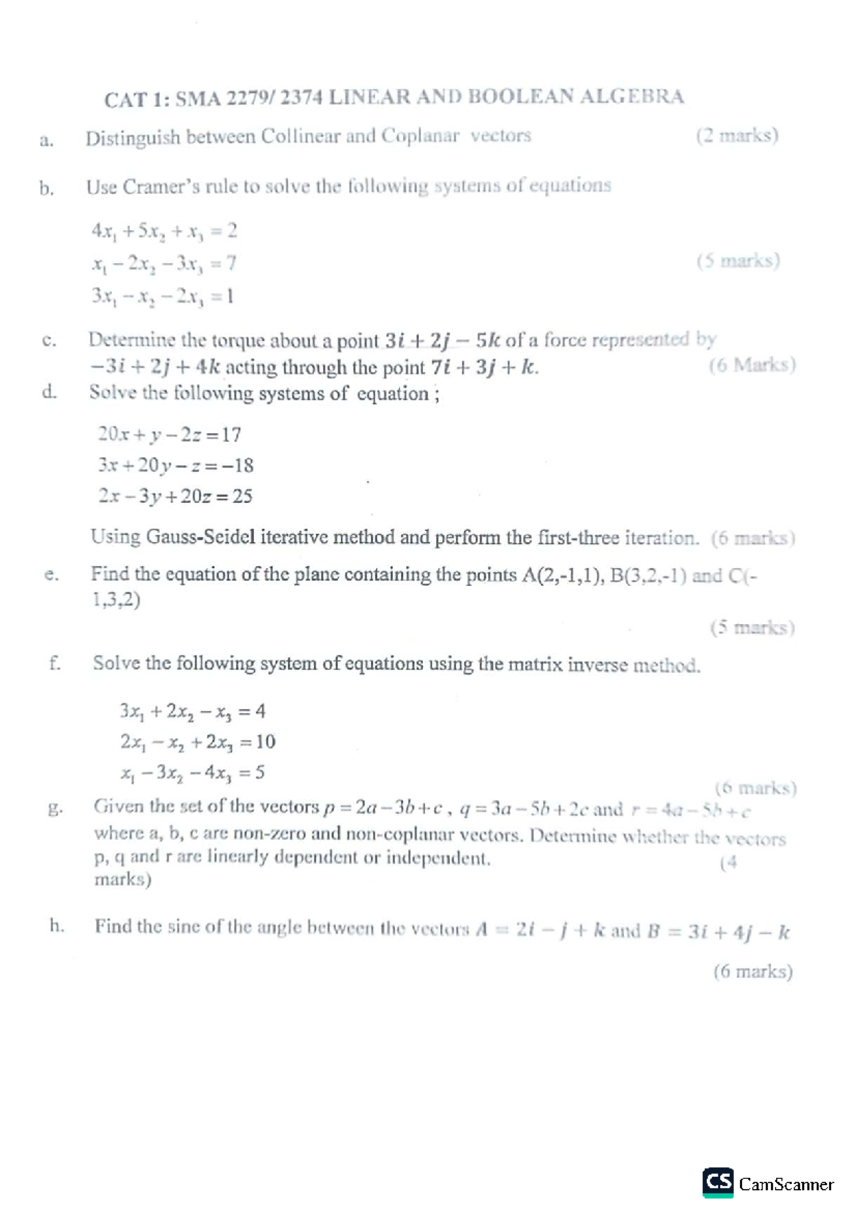 CAT 1: Linear and Boolean Algebra Concepts and Problems - Studocu