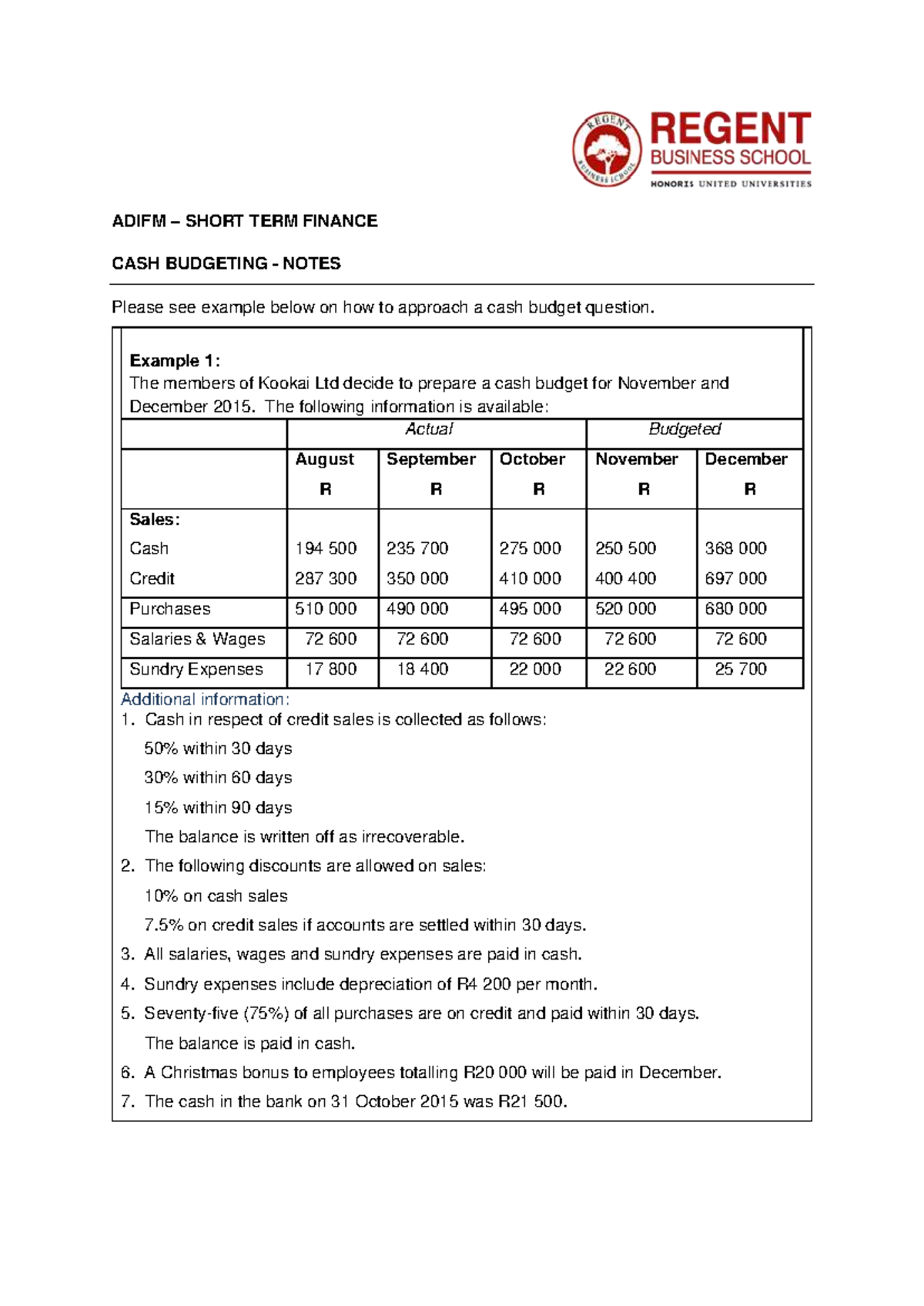 ADIFM Short-Term Finance Cash Budgeting Notes (Nov-Dec 2015) - Studocu