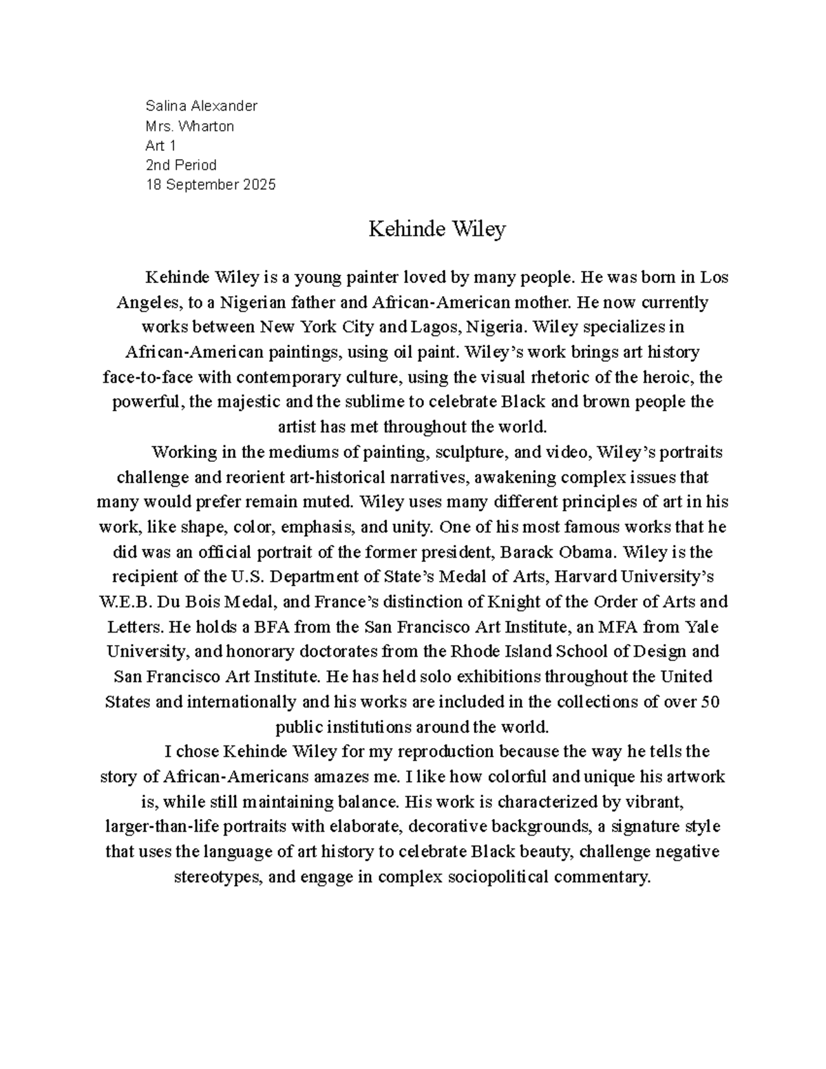 Art 1 Artist Research Project: Kehinde Wiley Analysis - Studocu
