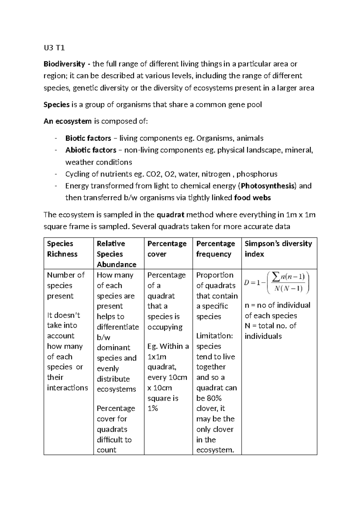 BIO Notes - U3 T Biodiversity - the full range of different living ...